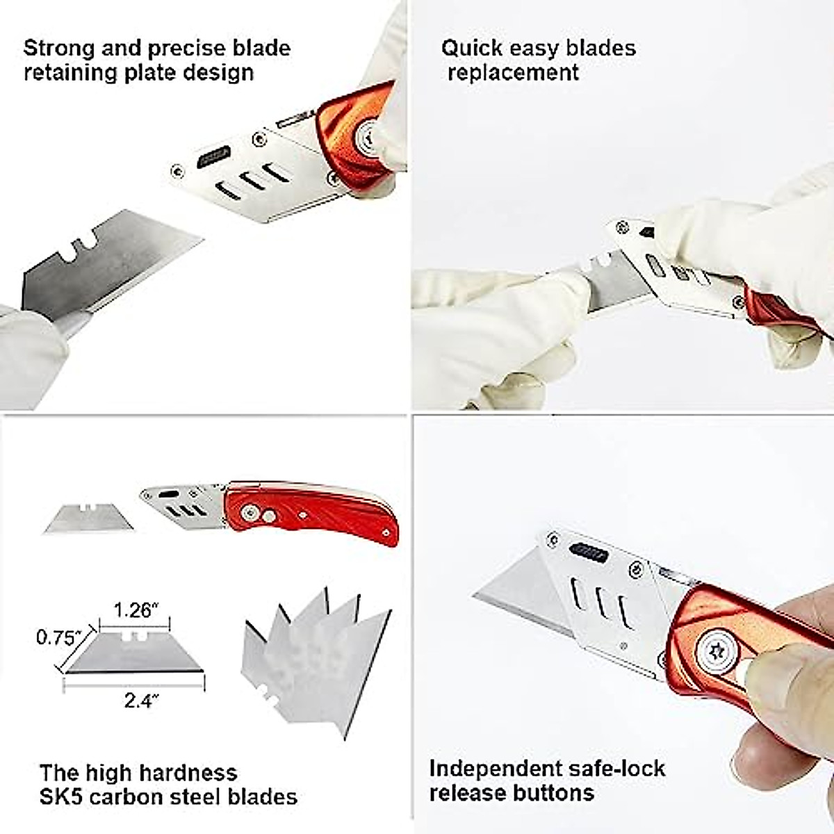 Folding Utility Knife/Box Cutter Stainless Steel with Clip + Nylon Pouch + 5 Extra SK5 Blades Red