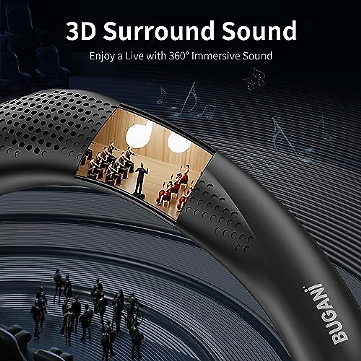 BUGANI Neckband Bluetooth Speaker, Wireless Neck Speaker True 3D Stereo Sound, Lightweight Personal Body Speakers with 24H Playtime, Waterproof Shoulder Speaker Built-in Mic, Comfortable Design, Black