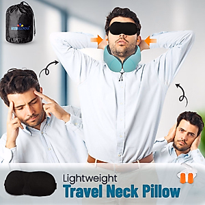 Adjustable Travel Pillow for Neck Support & Comfort, Lightweight Memory Foam Travel Neck Pillow for Sleeping - Washable & Breathable Plane Pillow for Traveling with Eyemask, Earplug & Carry Bag