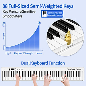 Folding Piano Keyboard, 88 Keys Full Size Semi-Weighted Foldable Piano, Support MIDI Bluetooth Portable Piano with LCD Screen Sheet Music Stand Sticker Sustain Pedal for Beginners Kids (White)