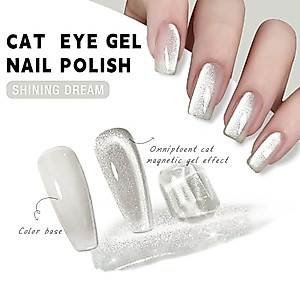 HOSAILY 15ml Cat Eye Gel Nail Polish, New Mirror Nude White Diamond Glitter Holographic Shiny Nail Polish with Magnet, Reflective Translucent UV Gel for Salon Home DIY Nail Manicure