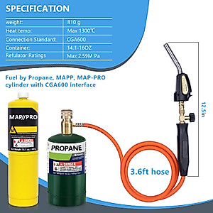 TAUSOM Propane Torch Hose Kit Mapp Gas Torch Heat 2860 ℉ Map Gas Torch Kit Trigger Start & Flame Adjustment, Soldering Welding Torch Fuel by MAPP, Map/Pro,Propane(Includes Cylinder Clip)
