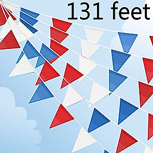 July 4th Fourth Party Decorations 131feet Red Blue and White Triangular Fabric Outdoor Pennant Banner, Fourth of July Bunting Flags Events Decoration for Independence Day