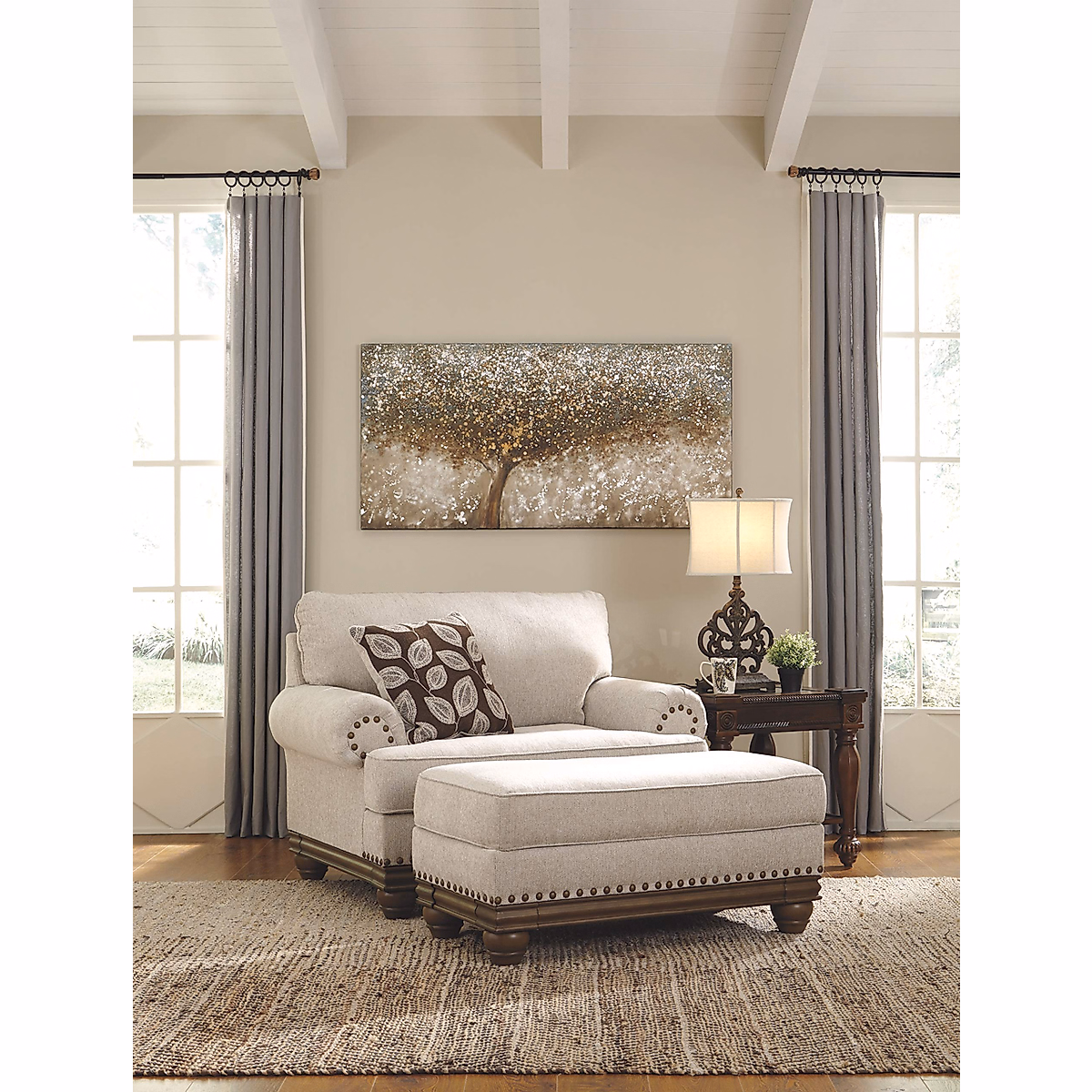 Signature Design by Ashley Harleson Modern Farmhouse Chair and a Half with Nailhead Trim and Accent Pillow, Beige