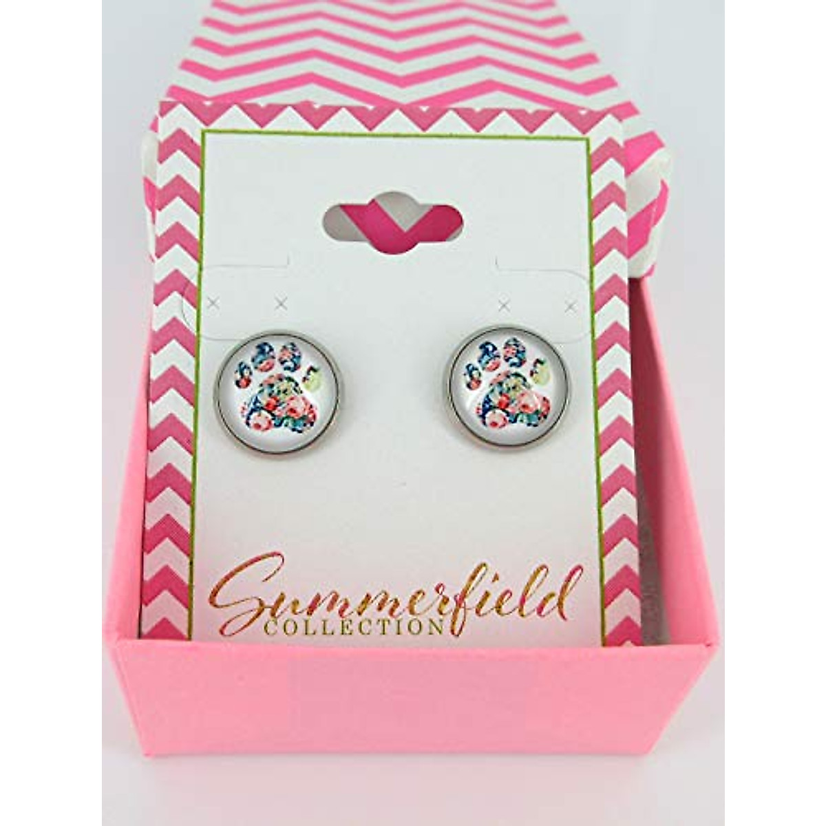 Stainless Steel White and Flower Paw Print Glass Stud Earrings 12mm