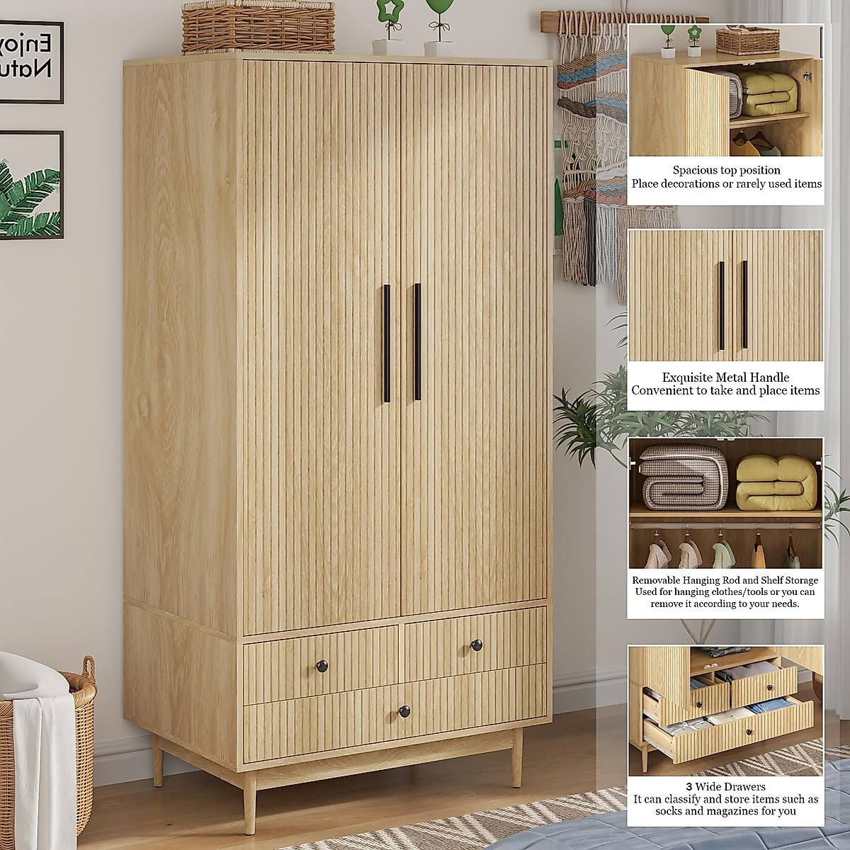 Mxtxmy Armoire Wardrobe Closet with 2 Fluted Doors,64.96" Wooden Clothes Storage Cabinet with Hanging Rod and Shelf Storage,Wardrobe Cabinet with 3 Drawers,Freestanding Closet for Bedroom,Natural