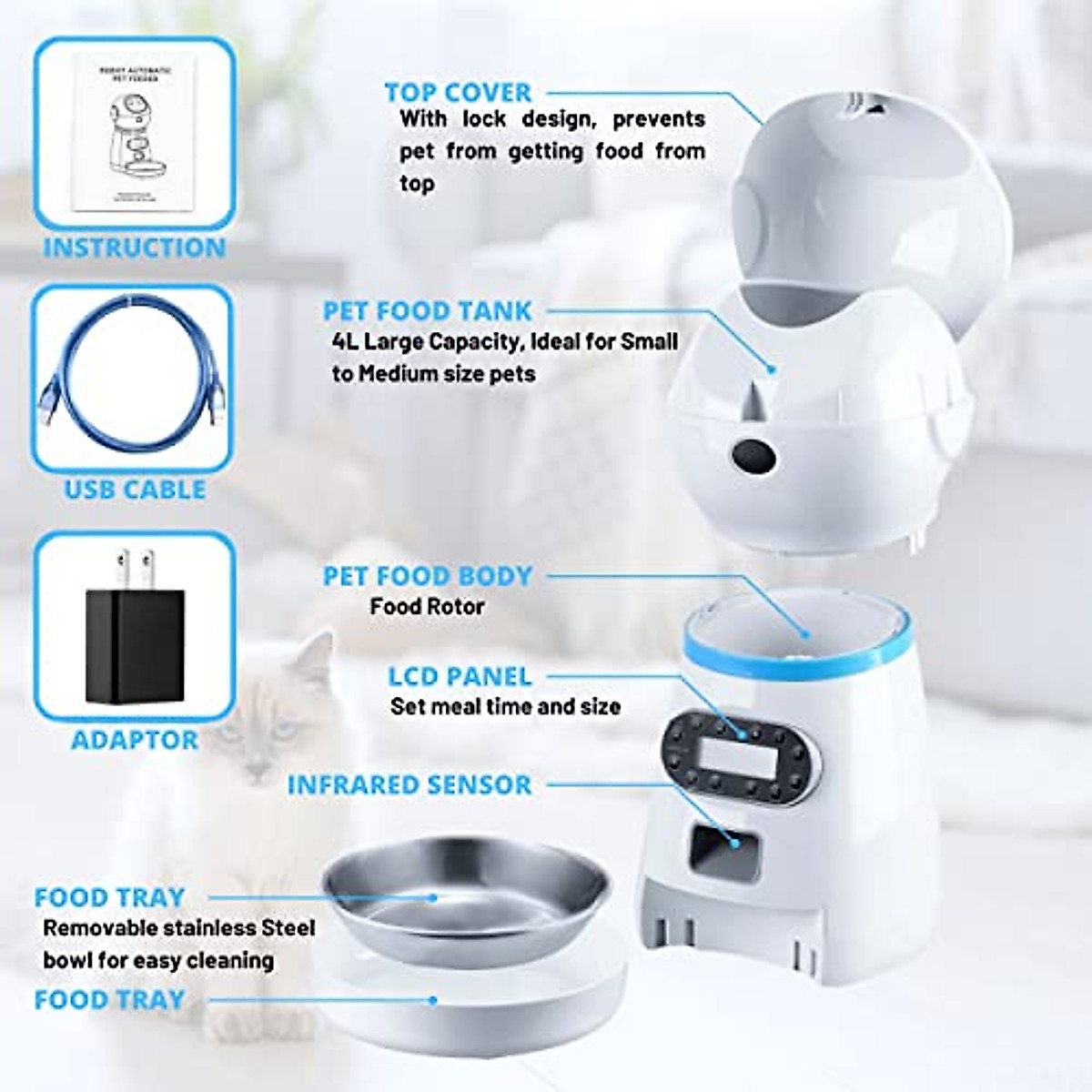 NA1 Automatic Cat Feeders for Cats and Dogs - Auto Food Feeder Pet Food Dispenser, Dual Power Supply