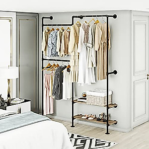 Industrial Pipe Clothing Rack Wall Mounted, Double Hanging Rods Clothes Rack with Shelves, Clothes Rack for Wardrobe, Bedroom and as walk-in Closet System, Heavy Duty Hanging Clothes Rack(Black)