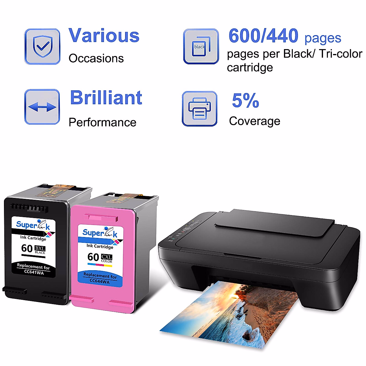 SuperInk Remanufactured Ink Cartridge Replacement for HP 60 60XL CC641WA CC644WA Compatible for Deskjet D1660 D1663 PhotoSmart C4600 C4610 Envy 100 110 All-in-One Printer (1 Black,1 Tri-Color)
