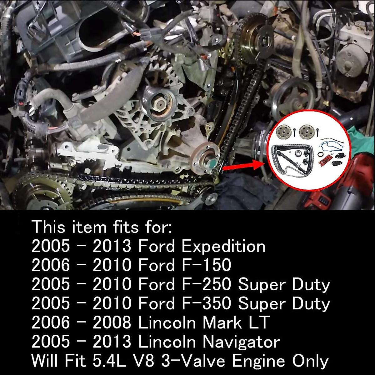 Camshaft Drive Variable Camshaft Timing Kit 3R2Z-6A257-DA for F'-ord Expedition F'150 F250 F350 Lincoln Mark LT Navigator 5.4L 3V Triton 2004-2013, with Phasers Sprockets Tensioners Guides Chains