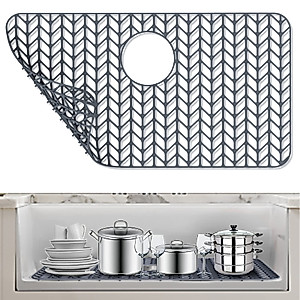 AWOKE Silicone Sink Protectors for Kitchen Sink, 26''x 14'' Folding Non-slip Sink Mat Grid, for Bottom of Farmhouse Stainless Steel Porcelain Sink with Rear Drain (Grey)