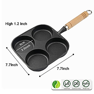 JUSTUP Nonstick Frying Pan,4-Cup Cast Iron Egg Pan Divided Grill Pan with Wooden Handle,Breakfast Skillet Omelet Pan for Egg,Steak and Burgers (Black)