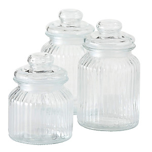 WHW Whole House Worlds Iconic Ribbed and Knob Topped Clear Glass Kitchen Storage Jars, Set of 3, Air Tight Seals, 9, 7 1/2, and 6 Inches Tall