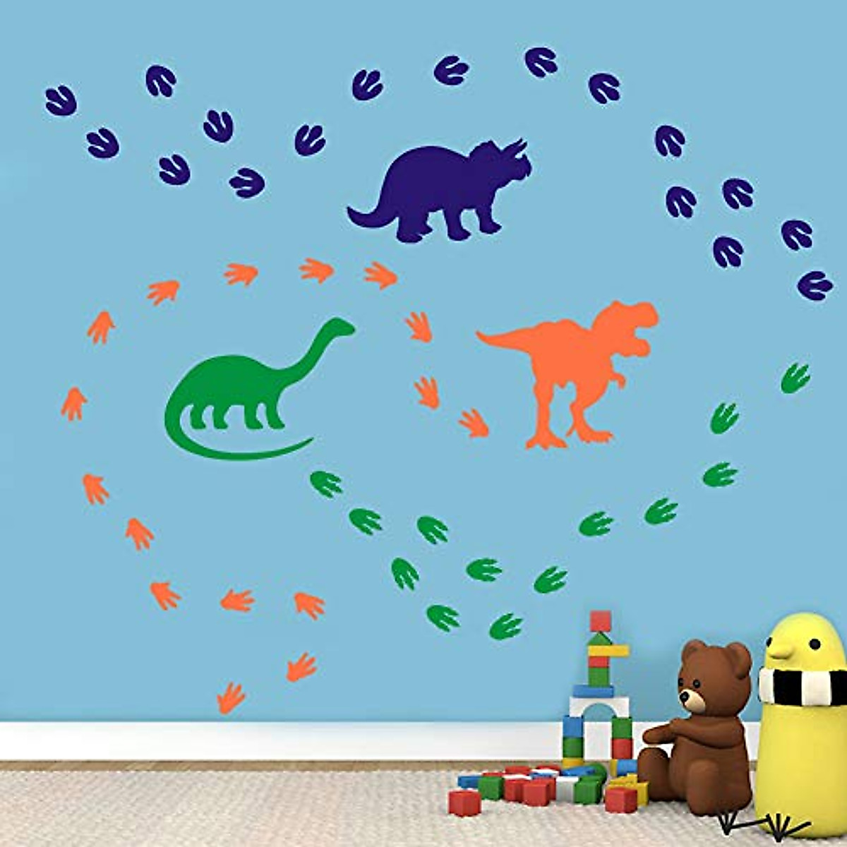 Creative Dinosaur Wall Decals, DIY Adorable Animal Dinosaur Footprints and Paw Print Wall Sticker for Kids Room Classroom Decoration, Orange,Blue,Yellow,Green (74 Pcs)