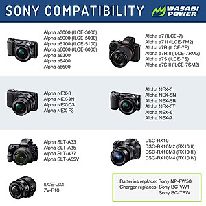 Wasabi Power NP-FW50 Camera Battery (2-Pack) for Sony ZV-E10, Alpha a5100, a6000, a6300, a6400, a6500, Alpha a7, a7 II, a7R, a7R II, a7S, a7S II, Cyber-Shot DSC-RX10 II, RX10 III, RX10 IV and More