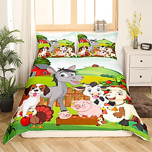 Cute Farm Animals Bedding Set Kids Cartoon Pig Dog Cow Horse Duvet Cover for Boys Girls Teens Nature Country Style Comforter Cover Farmhouse Rustic Bedspread Cover Bedroom Decor Quilt Cover Twin Size