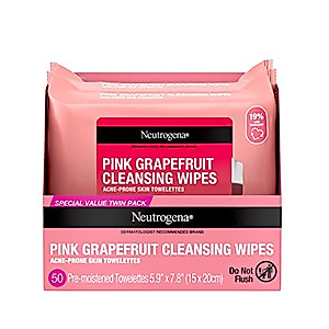 Neutrogena Oil Free Facial Cleansing Makeup Wipes with Pink Grapefruit, Disposable Acne Face Towelettes to Remove Dirt, Oil, and Makeup for Acne Prone Skin, Value Twin Pack, 2 x 25 ct