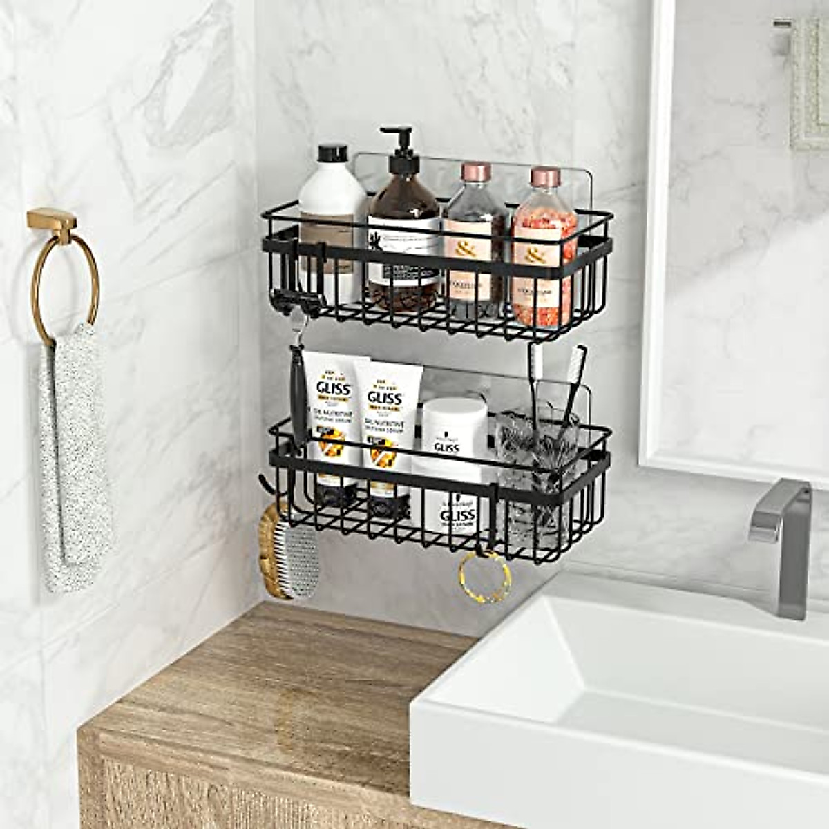 Shower Caddy Shelf Organizer, Self Adhesive Shower Shelves for Tiles Walls, Shower Rack Storage for Inside Shower No Drilling, Bathroom Shower Organizer Rustproof Stainless Steel, 2 Pack, Black
