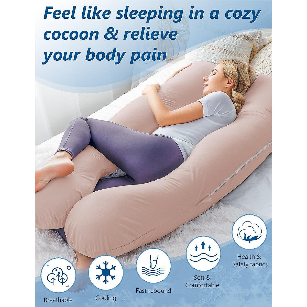 Meiz Cooling Pregnancy Pillows for Sleeping, Maternity Body Pillow for Pregnant Woman, U Shaped, with Cooling Jersey Cover
