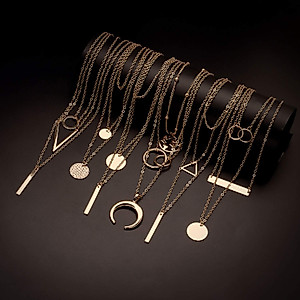 Biokia 6 Pieces Layered Necklaces For Women Long Necklaces Gold Choker Necklaces Map Coin Bar Crescent Moon Necklace Layered Y Pendant Necklace Multilayer