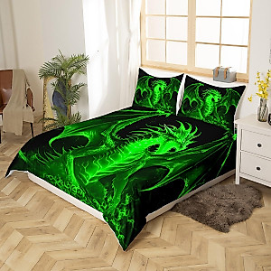 Castle Fairy Green Dragon Bedding Set Kids Boys Games Comforter Cover Flame Wild Animal Duvet Cover Room Decor Green Black Wildlife Bedspread Cover Twin Bedding Collection 2Pcs