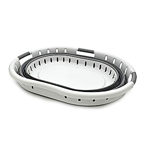 SAMMART 57L (15 Gallons) Collapsible 3-Handled Plastic Laundry Basket - Oval Tub - Portable Washing Tub-Space Saving Laundry Hamper (1 pc - Oval, Dark Grey)