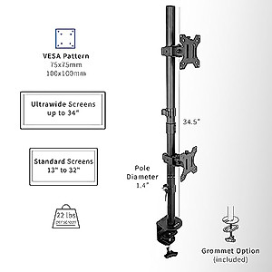 VIVO Dual LCD Monitor Desk Mount Stand Heavy Duty Stacked, Holds Vertical 2 Screens up to 32" (STAND-V002T)
