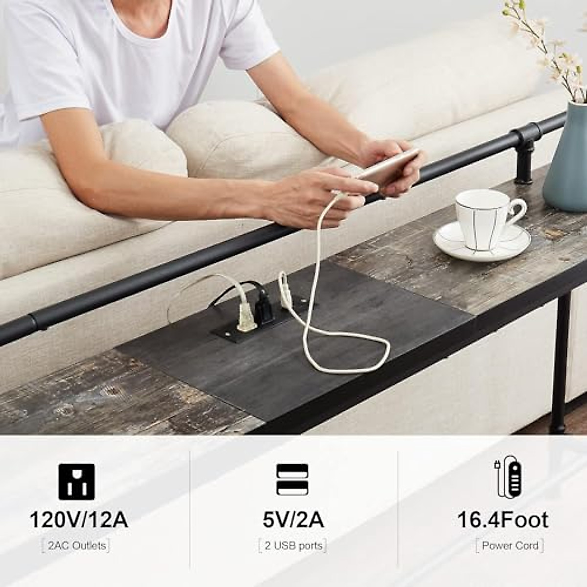 VECELO Narrow Console/Sofa Table with Power Outlet, Long Behind Couch Furniture for Entryway, Hallway, Living Room, Grey Oak