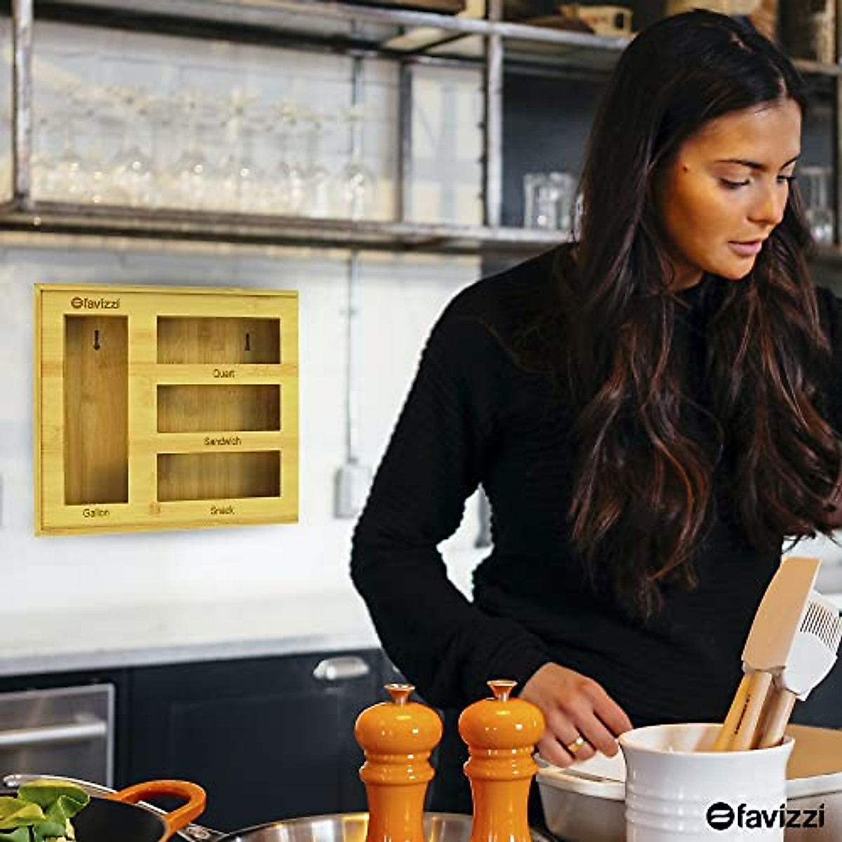 Favizzi Drawer Storage Organizer for Ziploc Bags, Premium Bamboo Kitchen Drawer Bags Organizer and Dispenser, Fits Gallon, Quart, Sandwich and Snack Bags