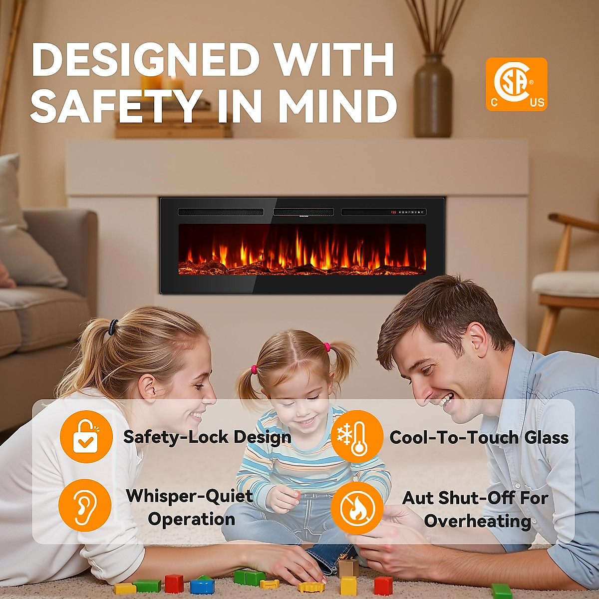 60 Inches Electric Fireplace Inserts, Ultra-Thin Fire Place Heater, Floating Wall Faux Fireplace Electric with Higher Temperatures & Lower Noise, Aesthetic Design & Realistic Flames, 750/1500W