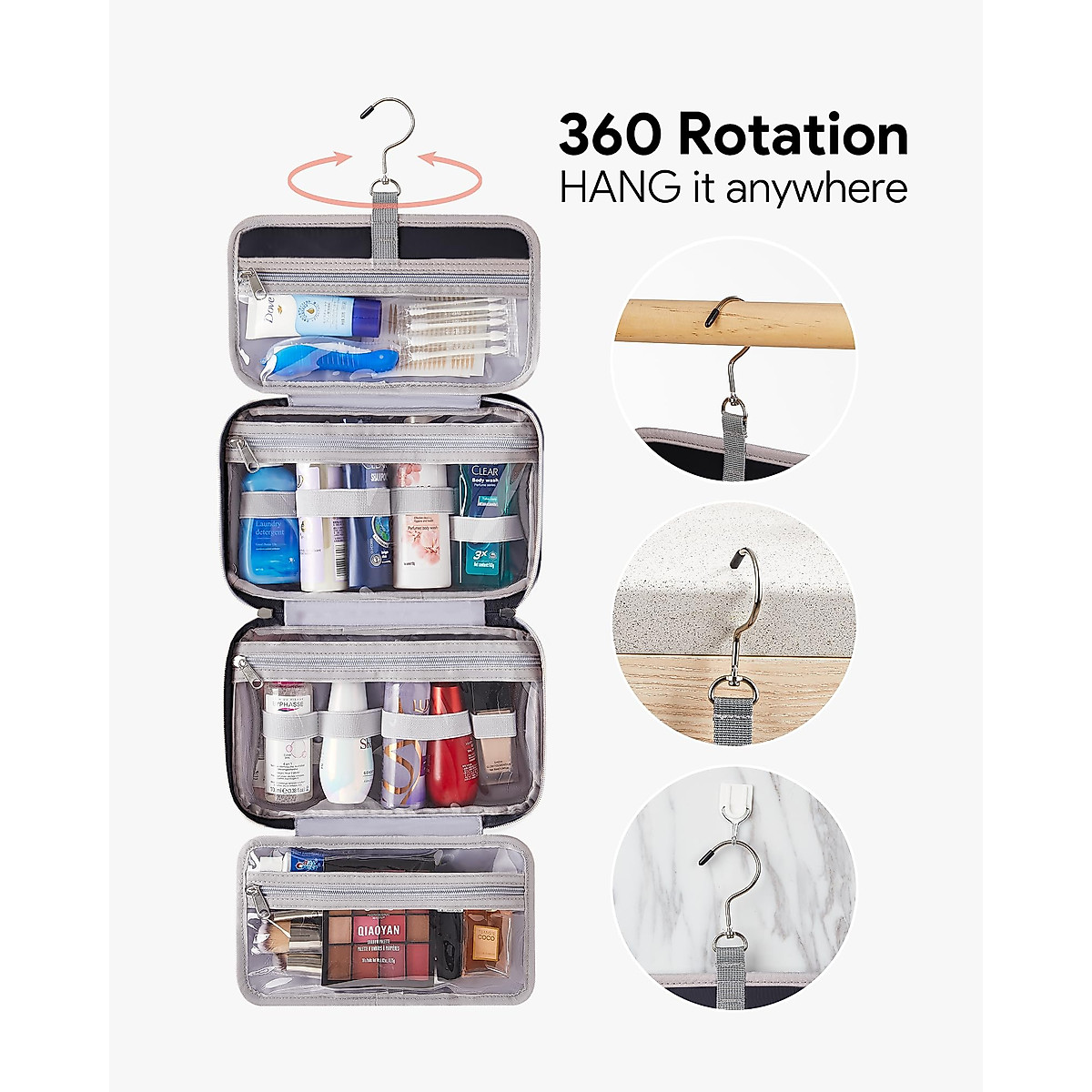 OlarHike Travel Toiletry Hanging Bag Waterproof Bags, Makeup, Toiletries, Jewelry, Travel Essentials 3 in 1 Packing Organizers, Travel-Sized Container, Large Capacity for Men Women (Black)