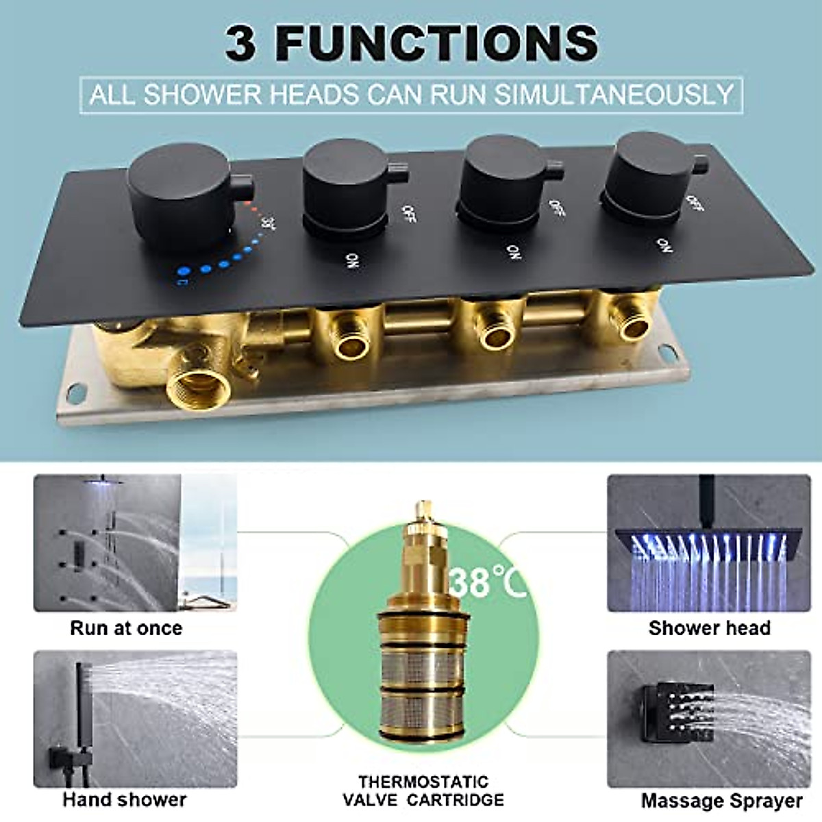 Luxury Black Multi Shower Head System, HOMEDEC 16inch LED Full Rain Shower System with Body Jets, Rainfall Thermostatic Shower Large Flow, Can Use All Functions at A Time