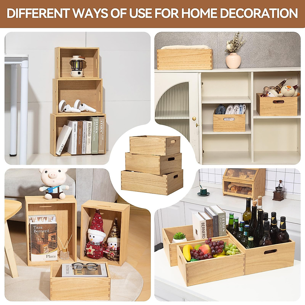 KIRIGEN Nesting Wood Crates with Handles Set of 3 - Farmhouse Decor Wooden Storage Containers/ Portable Rolling Tray Basket/ Crates Decorative Boxes Natural 3TH-NA