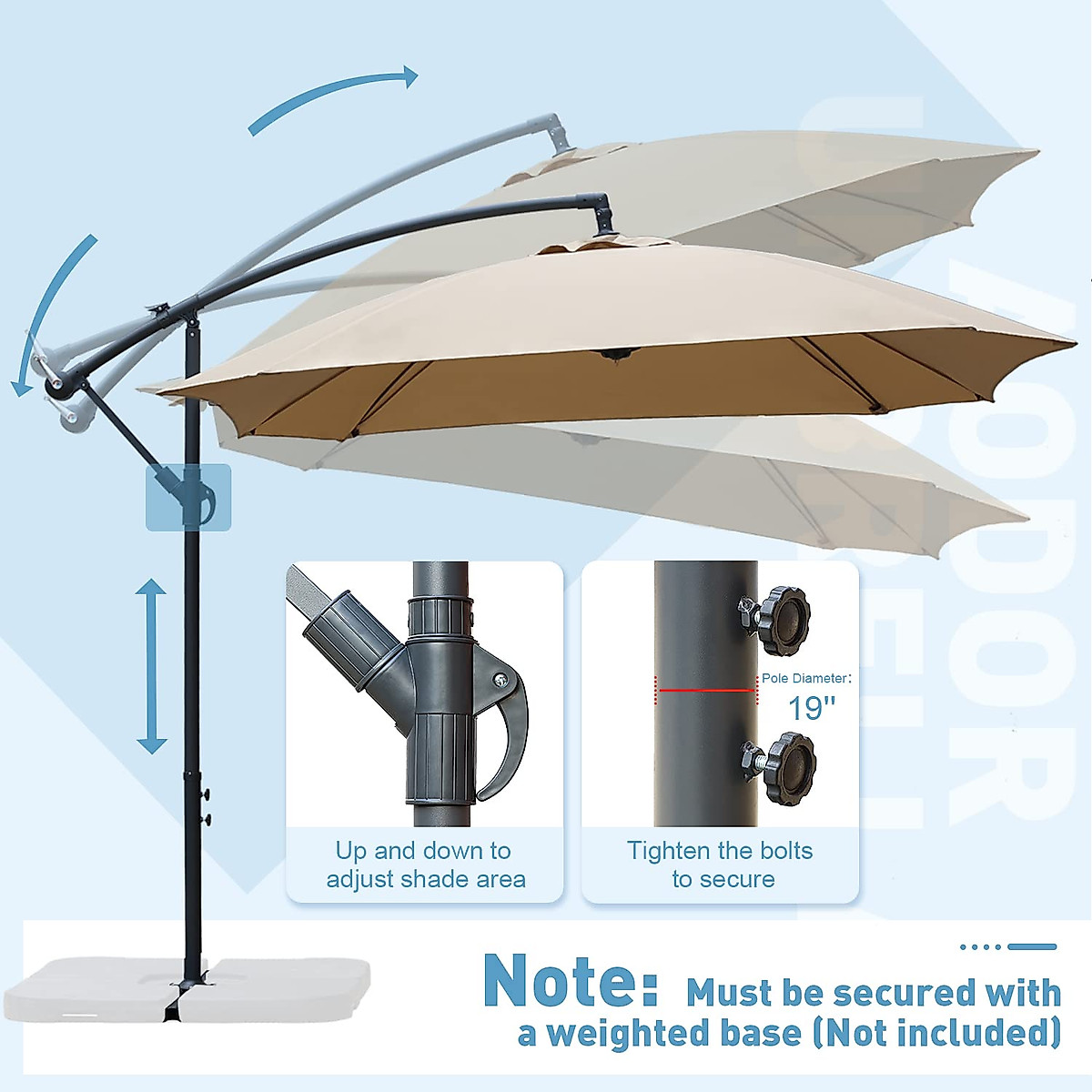 Aoodor Offset Square Patio Umbrella 8.7‘ Cantilever Hanging Market Umbrella Water Resistant UV Protection Brown- Base Not Included