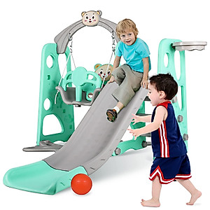 Arlopu Toddler Slide and Swing Set, 4 in 1 Kids Play Climber Slide Playset w/Basketball Hoop Extra Long Slide Extra Ball, Baby Swing for Indoor Outdoor Playground, Easy Set-Up, 3 Years Old (Fiery)