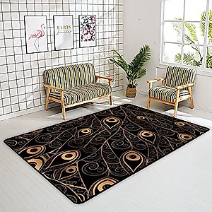 Kuizee Area Rug Gold Black Golden Peacock Feather Rectangle Oversize Doormat Coral Fleece Living Room Parlour Bedroom Home Fashion Decor Carpet,5'3"x4'