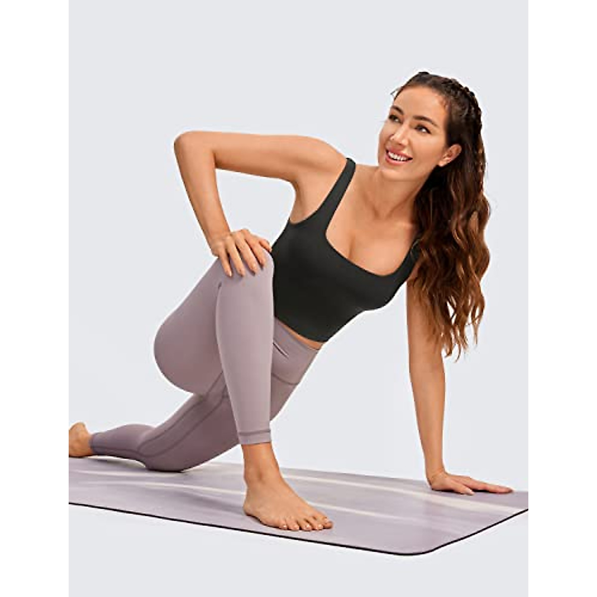 CRZ YOGA Butterluxe Womens Square Neck Longline Sports Bra - Workout Crop Tank Tops Padded with Built in Shelf Yoga Bra Black Medium