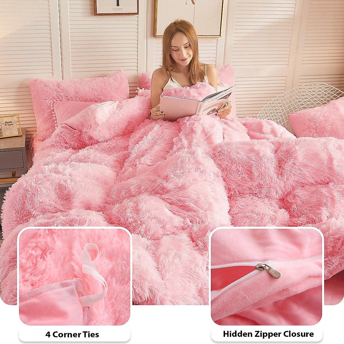 LIFEREVO Luxury Plush Shaggy Duvet Cover Set, Soft Velvet Fluffy Furry Duvet Cover Set(1 Faux Fur Fuzzy Comforter Cover + 2 Pom Poms Pillowcases) Solid Bedding Set, Zipper Closure(Full/Queen, Pink)