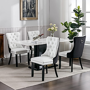 LKTART Dining Chairs Set of 6 PU and Velvet Upholstered Tufted Back with Nailhead Trim and Back Ring Pull Solid Wood Legs for Kitchen Bedroom Dining Room White + Black