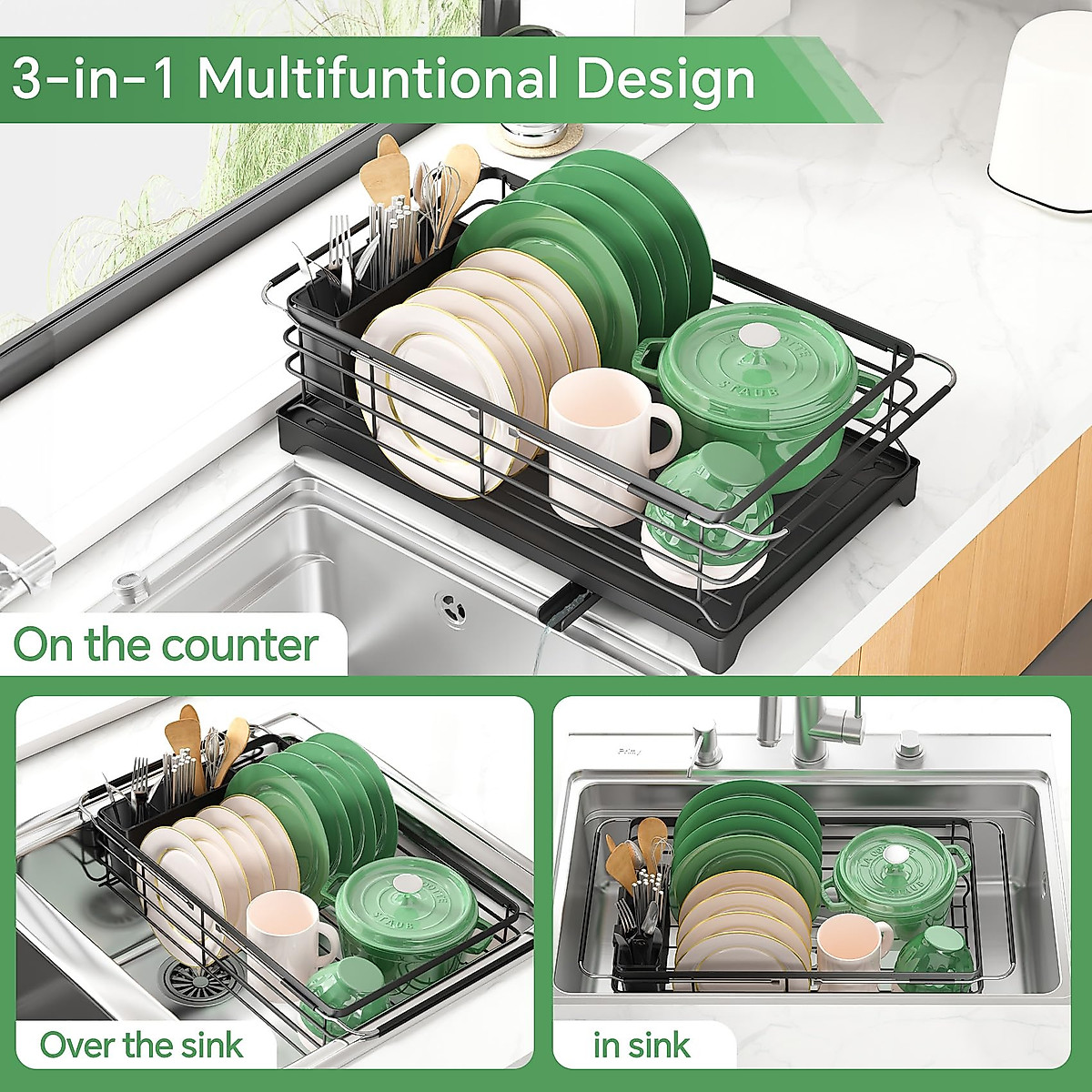 Dish Drying Rack in Sink Stainless Steel Dish Racks for Kitchen Counter Expandable Dish Drainer with Removable Utensil Holder Black