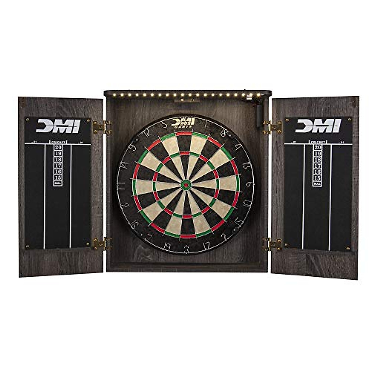 DMI Sports Paris Bristle Dartboard Cabinet Sets - Includes LED Lighting or Electronic Scoring Option, Rustic Grey (D4400W)