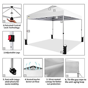 Crown Shades 10x10 Pop up Canopy Outside Canopy, Patented One Push Tent Canopy with Wheeled Carry Bag, Bonus 8 Stakes and 4 Ropes, White