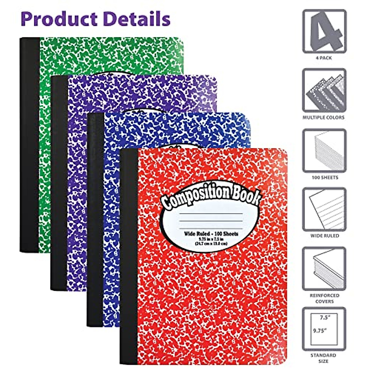 Better Office Products Composition Book Notebook - Hardcover, Wide Ruled (11/32-inch), 100 Sheet, One Subject, 9.75" x 7.5", Assorted Covers: Red, Blue, Green, Purple-4 Pack