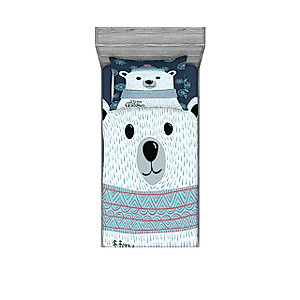 Ambesonne Polar Bear Fitted Sheet & Pillow Sham Set, Christmas Portrait of a Bear in Winter Snowflakes Noel Cartoon, Decorative Printed 2 Piece Bedding Decor Set, Twin, Dark Blue Multicolor