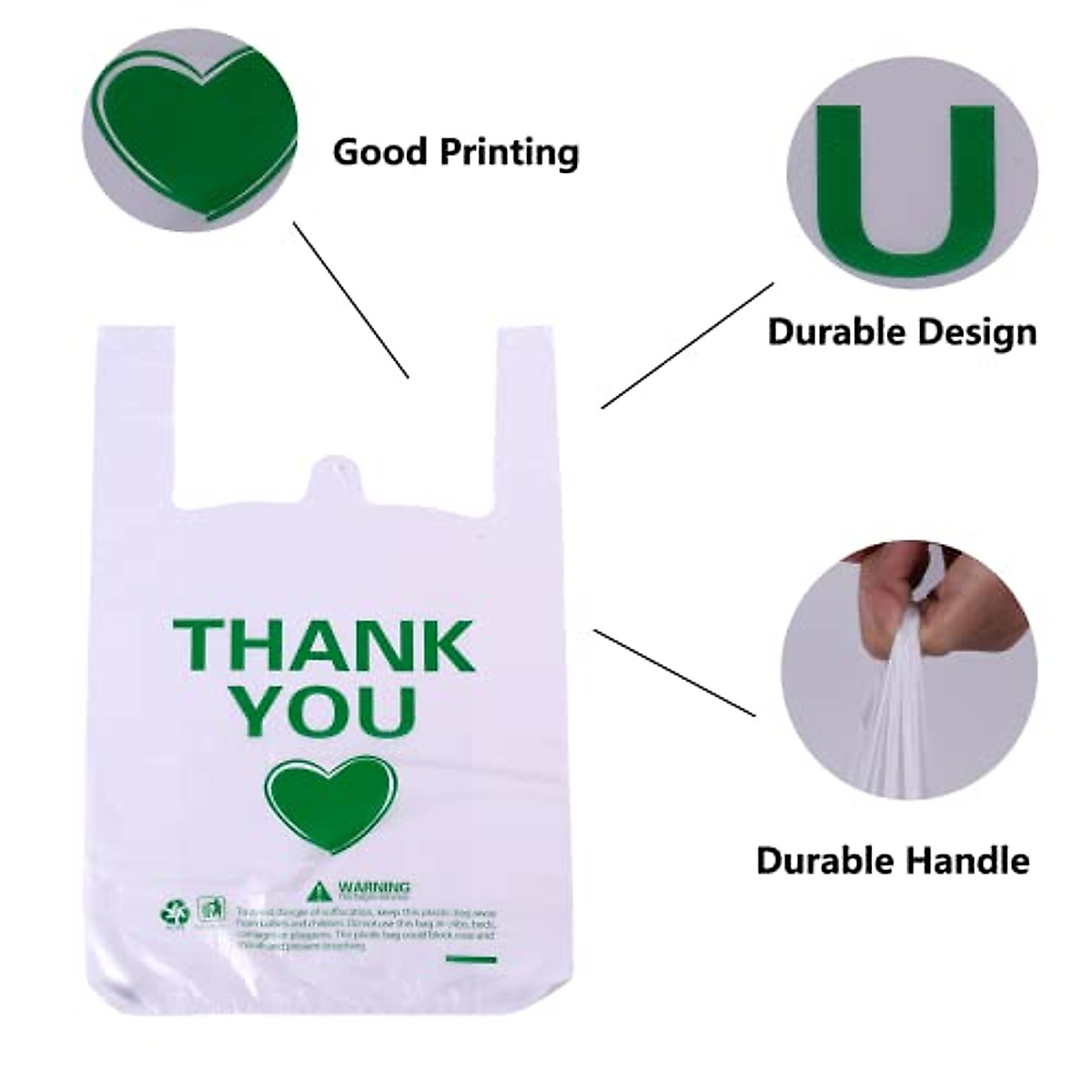 ysmile Plastic Grocery Bag Thank You Reusable T Shirt Plastic Merchandise Bag for Small Business Food To Go Bag with Handle 12x19 Inch 50 pcs Carry Out