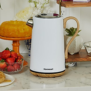 Homeart Panda Cordless Electric Kettle with Wood Detail - Stainless Steel With Removable Filter, Fast Boiling and Auto Shut-off - 1.7L Capacity, White