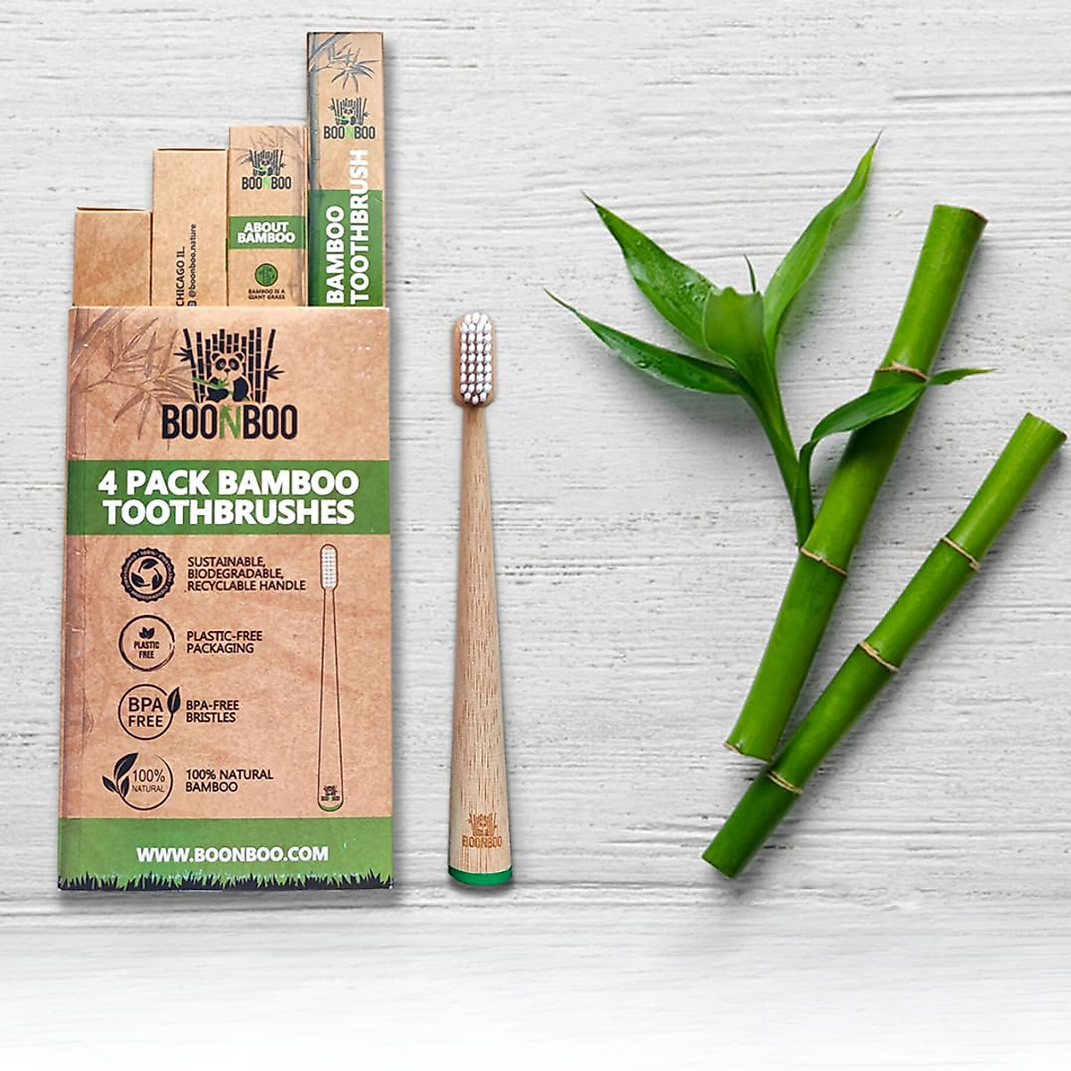 BOONBOO Bamboo Toothbrushes, Wooden Handle, Stand-Up, Pack of 4, Adult