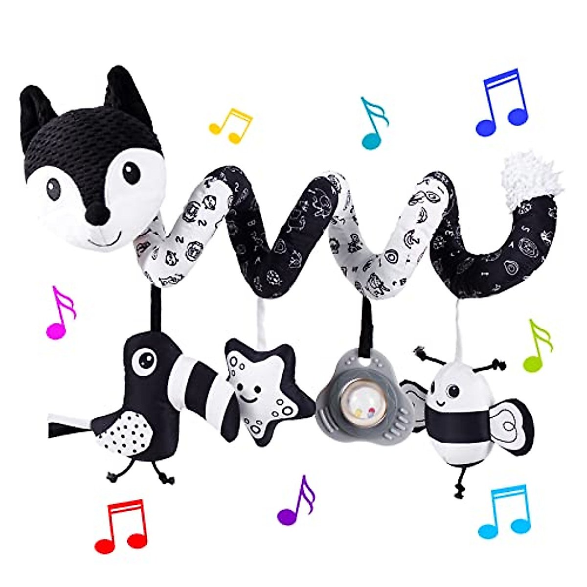 HILENBO Car Seat Toys, Infant Baby Black Fox Spiral Plush Activity Hanging Toys for Car Seat Stroller Bar Crib Bassinet Mobile with Music Box BB Squeaker and Rattles（Black）