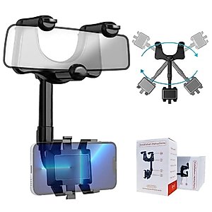 Rearview Mirror Phone Holder for Car-360° Rotatable and Retractable Car Phone Holder with Adjustable Length Upgraded Multifunctional Rearview Mirror Phone Holder for All Mobile Phones and All Car