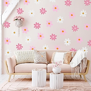 BBTO Daisy Wall Decal Flower Vinyl Wall Decals Daisy Decals Floral Decals Peel and Stick Daisy Stickers for Kids Nursery Wall Art Bedroom Living Room(Pink, White)